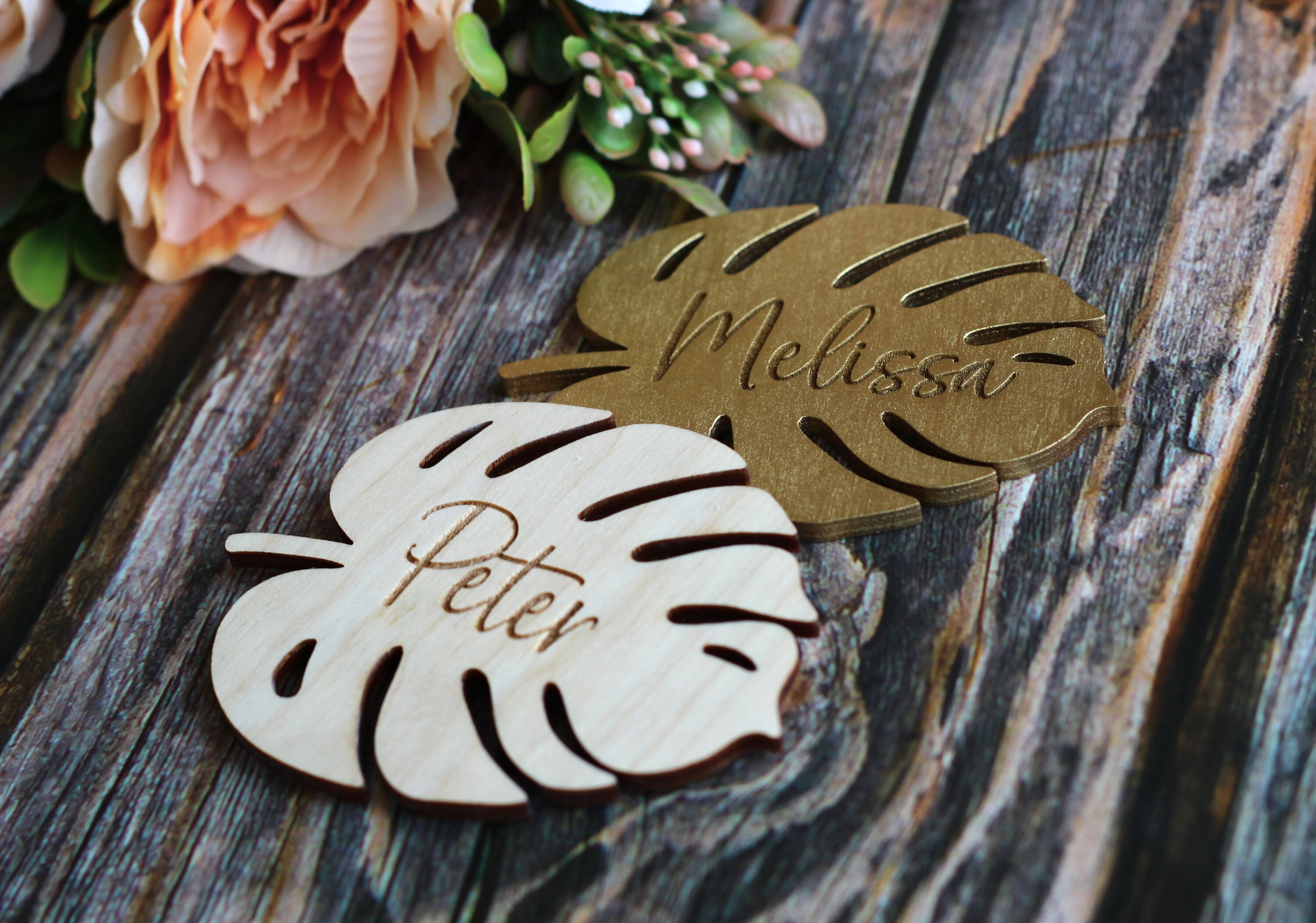 Monstera Place Card - Tropical Wood Leaf Wedding Table Names - Guest ...