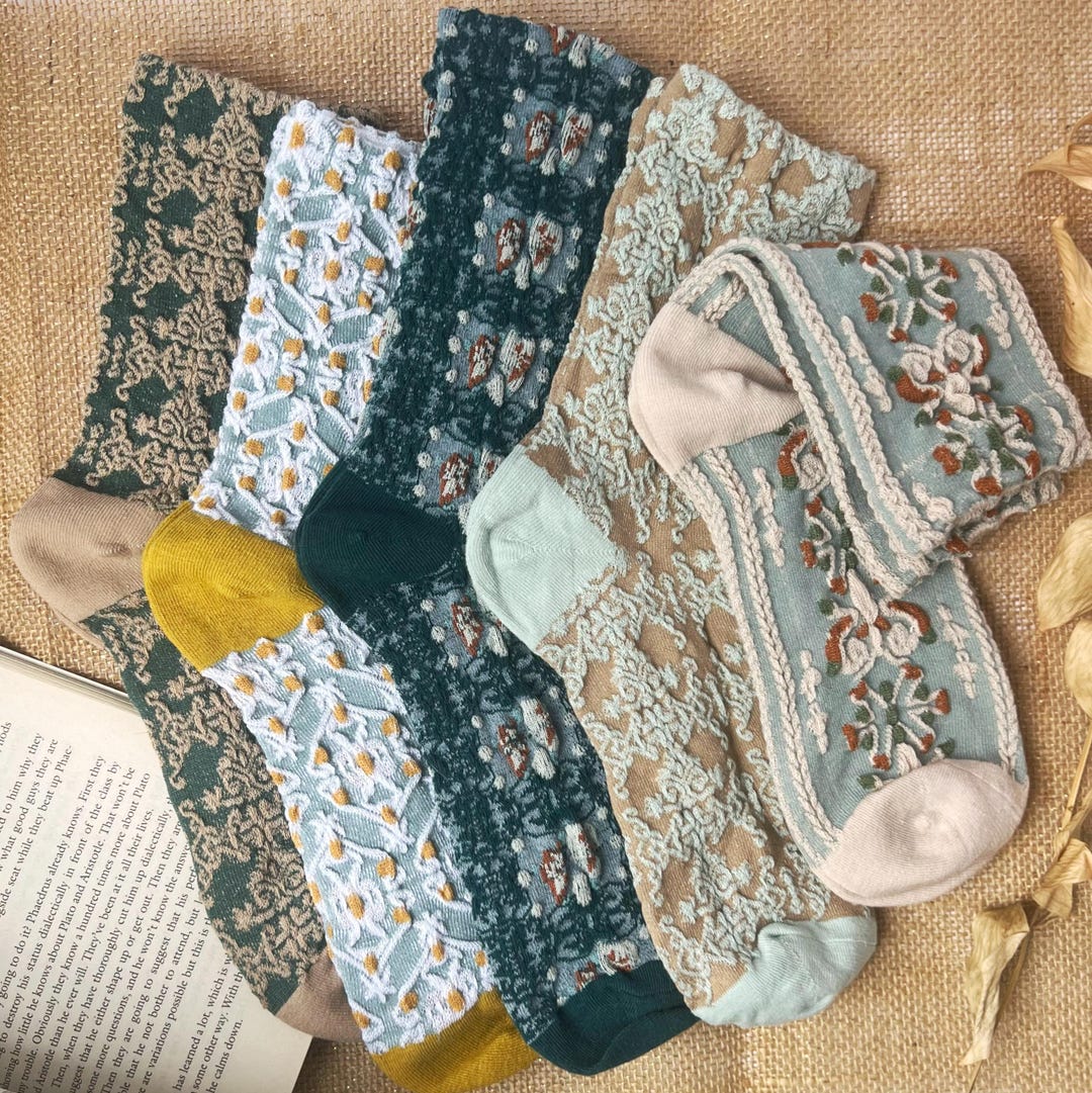 Bohemian Floral Socks | 5 Colors | Teal Blue Green Beige Mustard ...