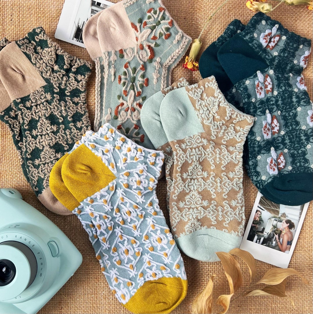 Bohemian Floral Socks | 5 Colors | Teal Blue Green Beige Mustard ...