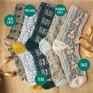 Bohemian Floral Socks | 5 Colors | Teal Blue Green Beige Mustard ...