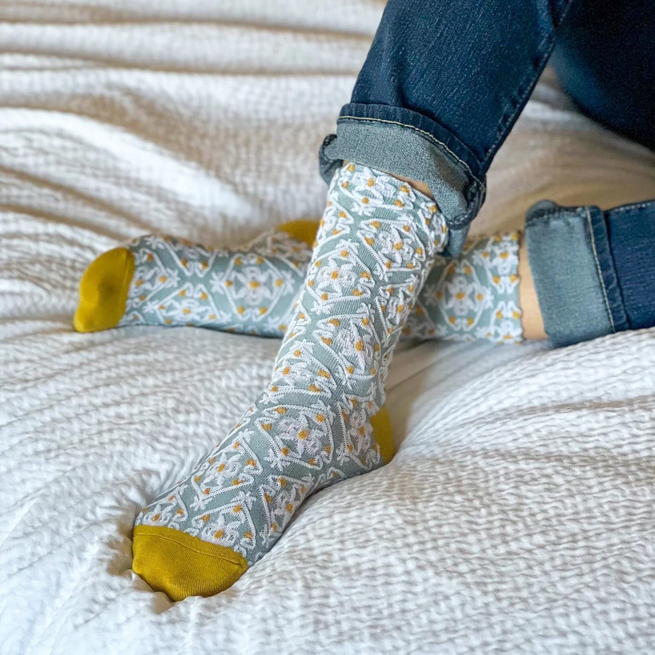 Bohemian Floral Socks | 5 Colors | Teal Blue Green Beige Mustard ...