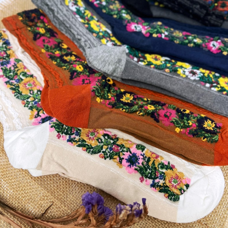 Floral Bohemian Socks | 5 Colors | Retro Flower Stripe Socks | Black ...