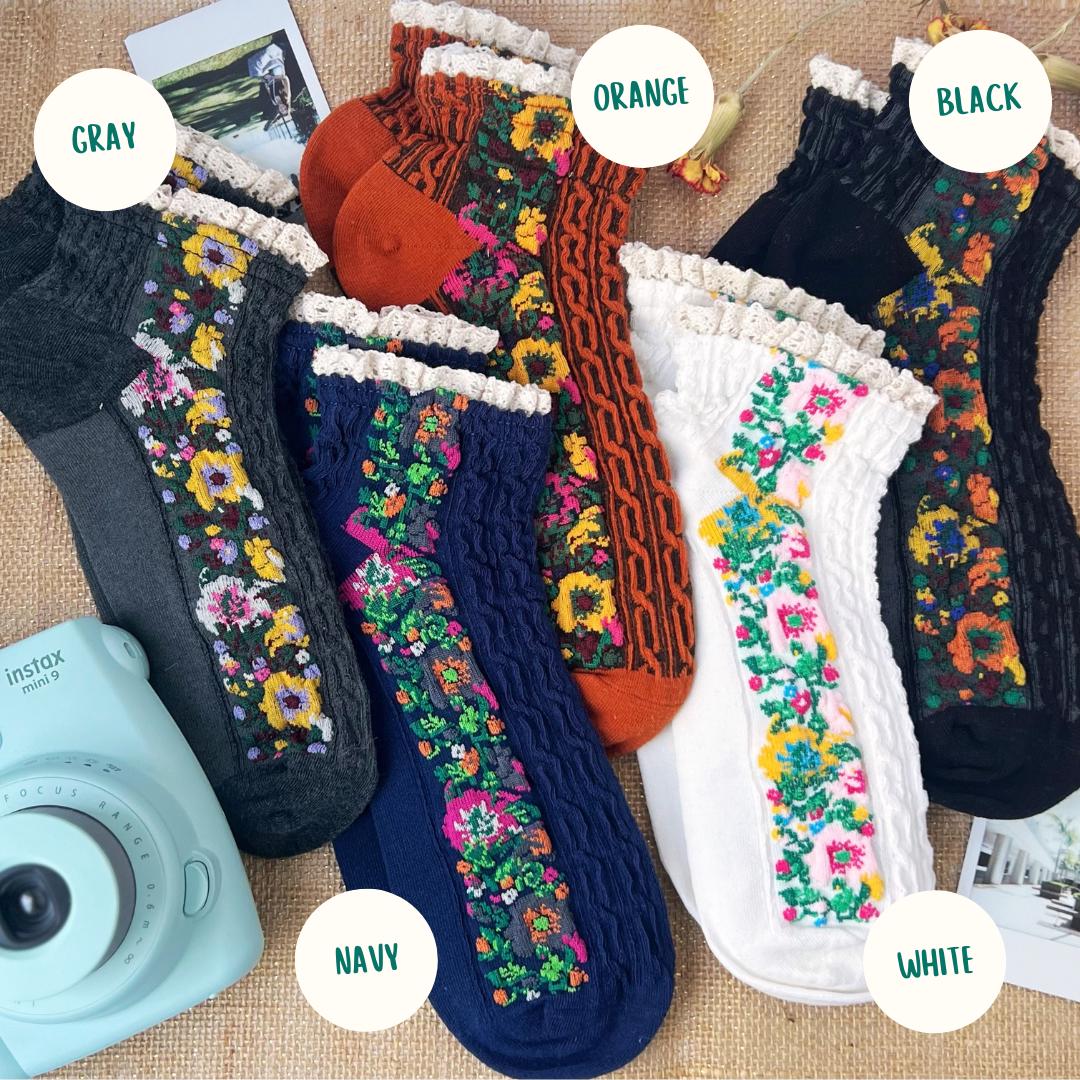 Floral Bohemian Socks | 5 Colors | Retro Flower Stripe Socks | Black ...