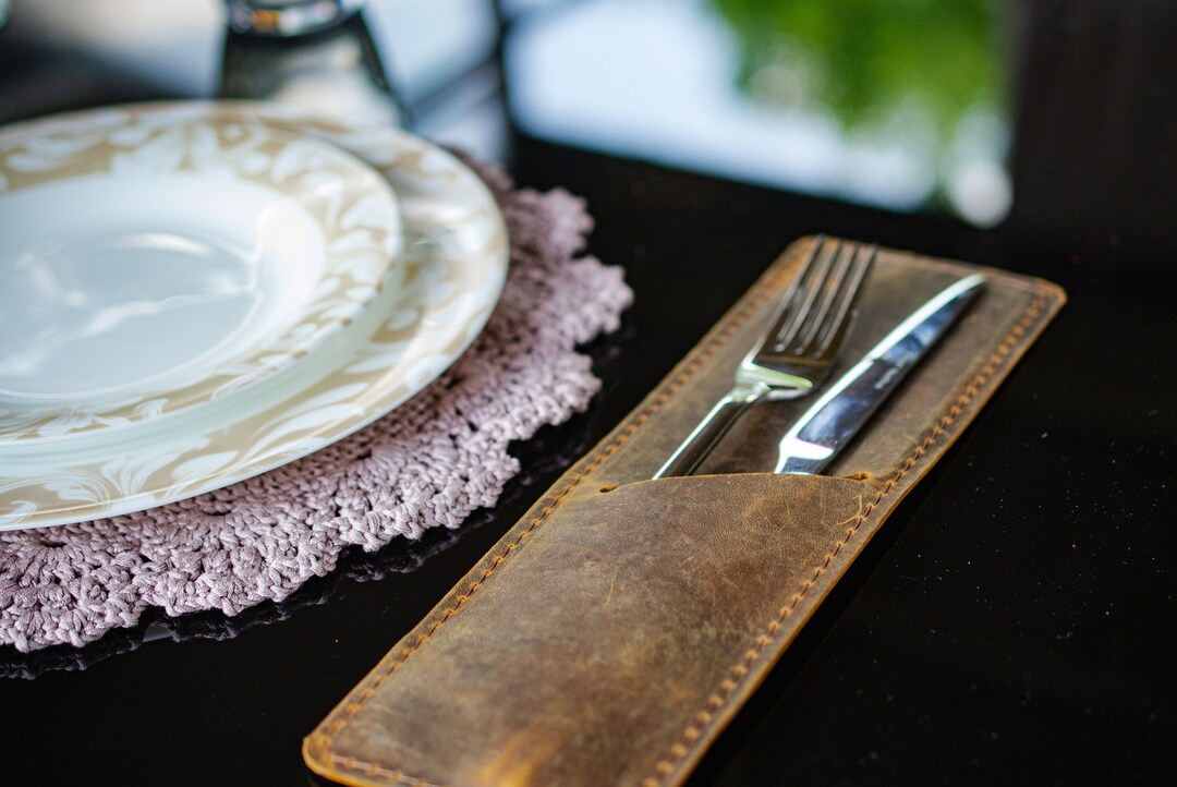 Custom Cutlery Holder With Personalization, Leather Cutlery Case, Cafe ...