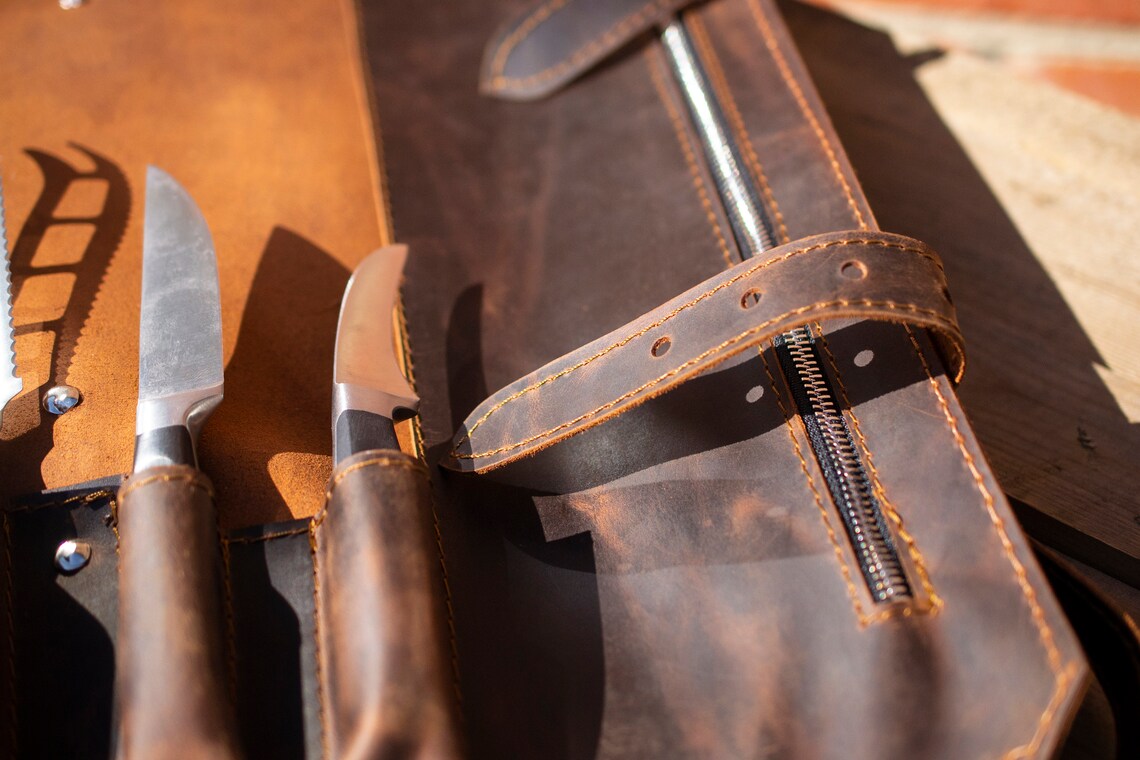 Custom Knife Caseknife Roll Bag With Pocketleather Knife | Etsy