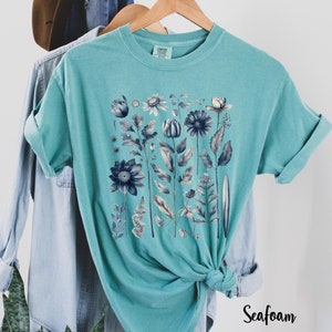 Boho Blue Botanical Tshirt, Comfort Colors Monochrome Floral Design ...