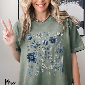 Boho Blue Botanical Tshirt, Comfort Colors Monochrome Floral Design ...