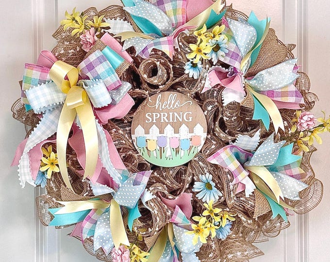 Farmhouse Spring Wreath, Spring Door Decor, Welcome Spring Door Hanger ...