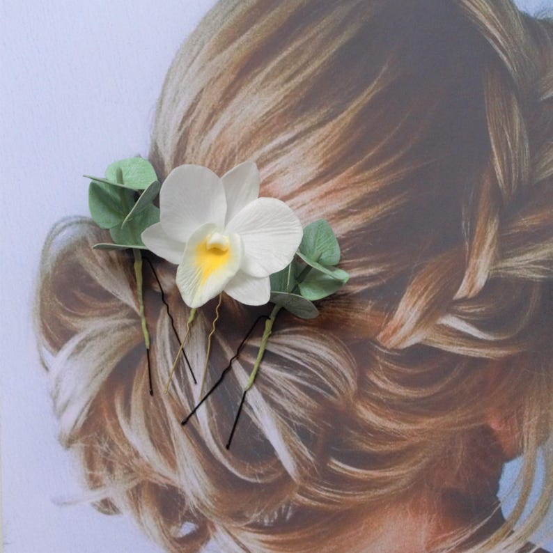 Horquillas con orquídea dendrobium y eucalipto - Etsy España