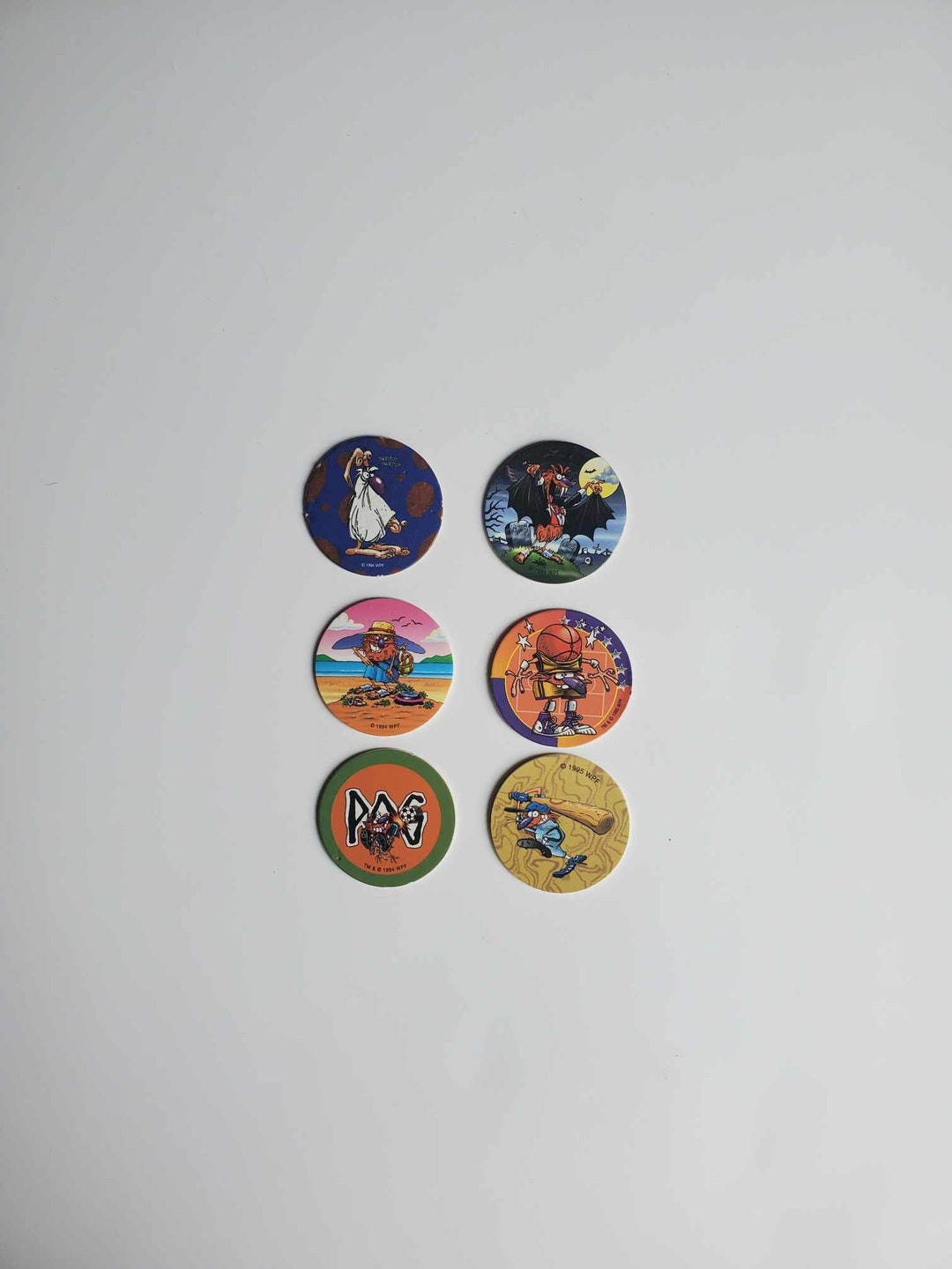 Vintage WPF Pogman Pogs,rare Set of 6 Collectable Nostalgic Milk Caps ...