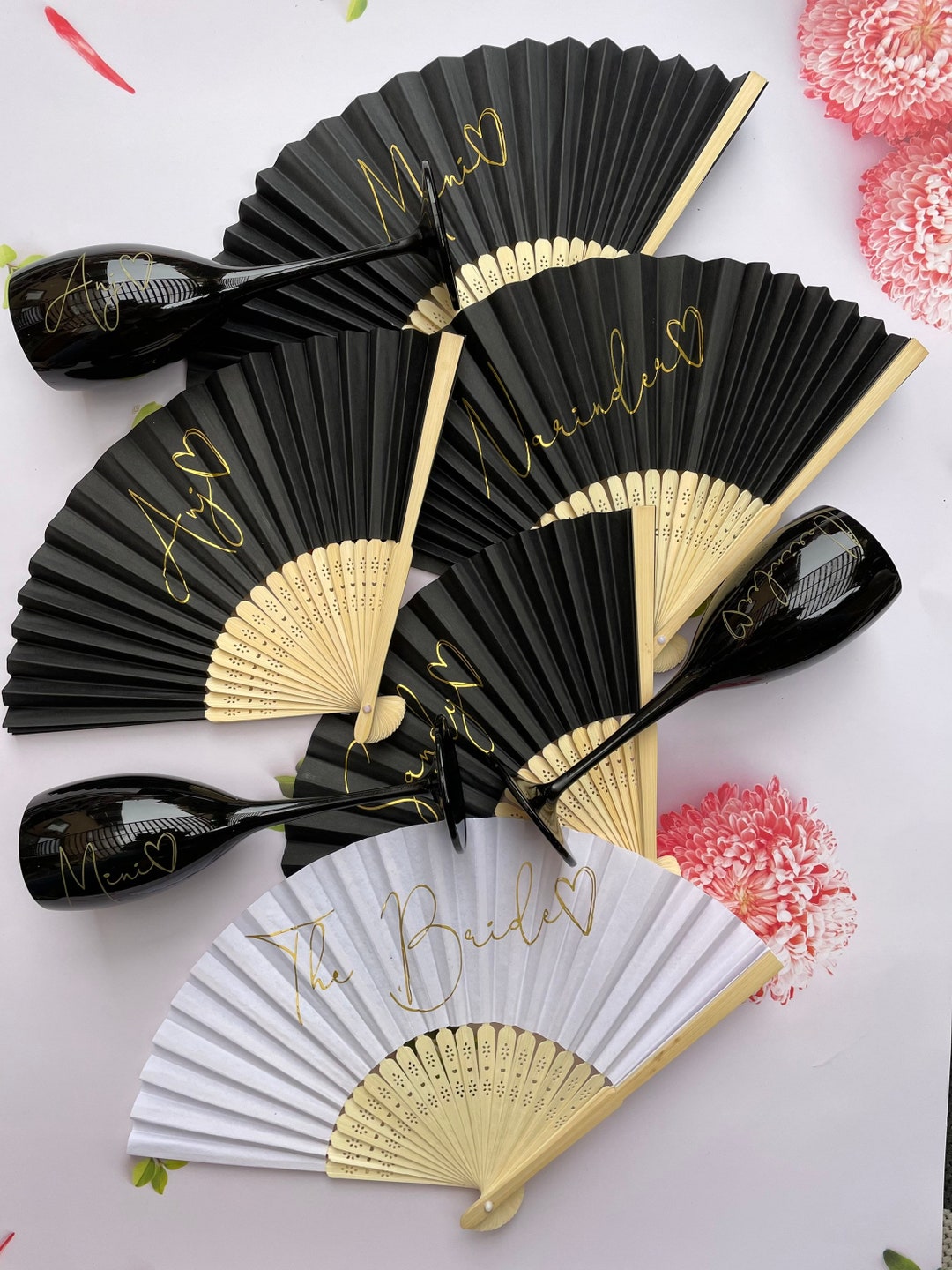 Personalised White Black Champagne Ballon Flutes and Matching Fans Set ...