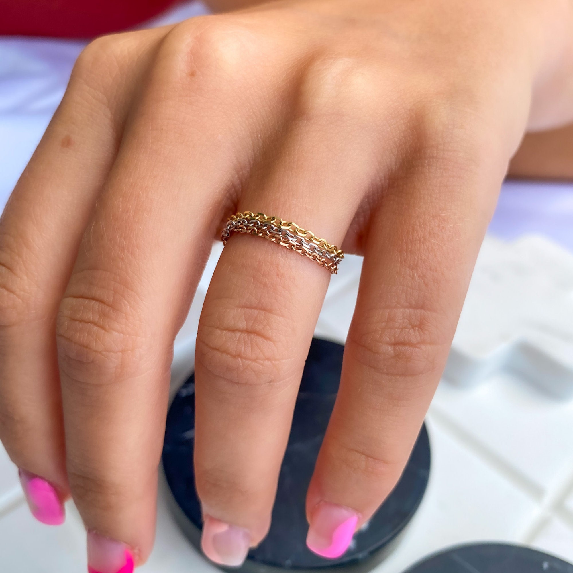 Trio 14K Gold Chain Ring | Thin Chain Ring | Stacking Ring | Solid Gold ...