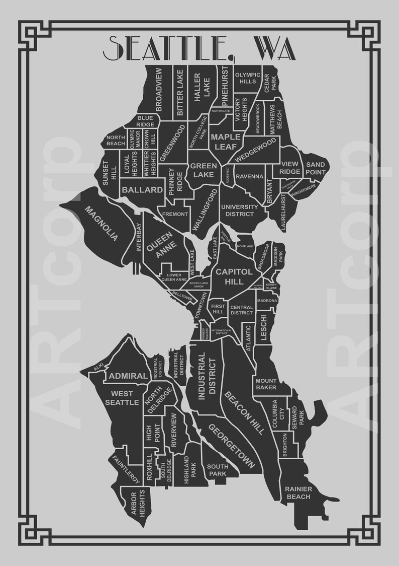 Seattle Neighborhood Map Art Deco - Etsy