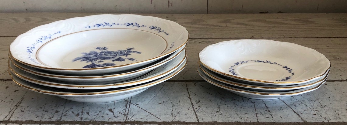 Gibson Housewares China Set White With Gold Trim & Blue Flowers Shallow ...