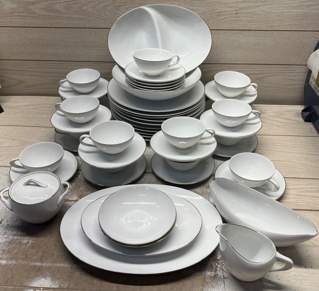 56pc Style House Platinum Ring Fine China Dinner Plates Bowls Cups ...
