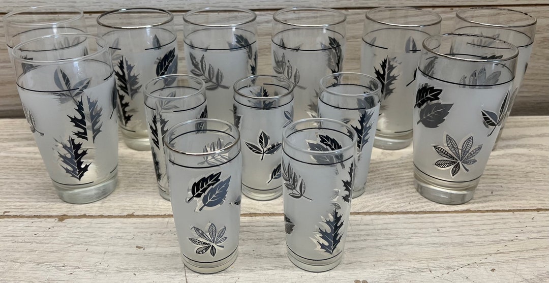 13 Pc Vintage Libbey Drinking Glasses Silver Leaf Frosted Tumblers ...
