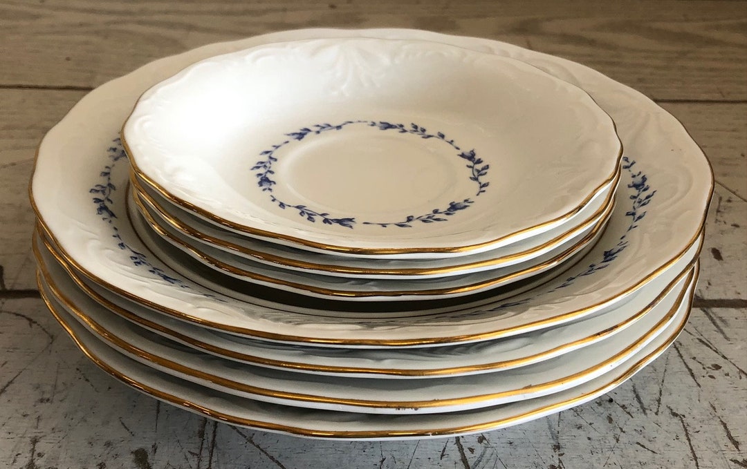 Gibson Housewares China Set White With Gold Trim & Blue Flowers Shallow ...