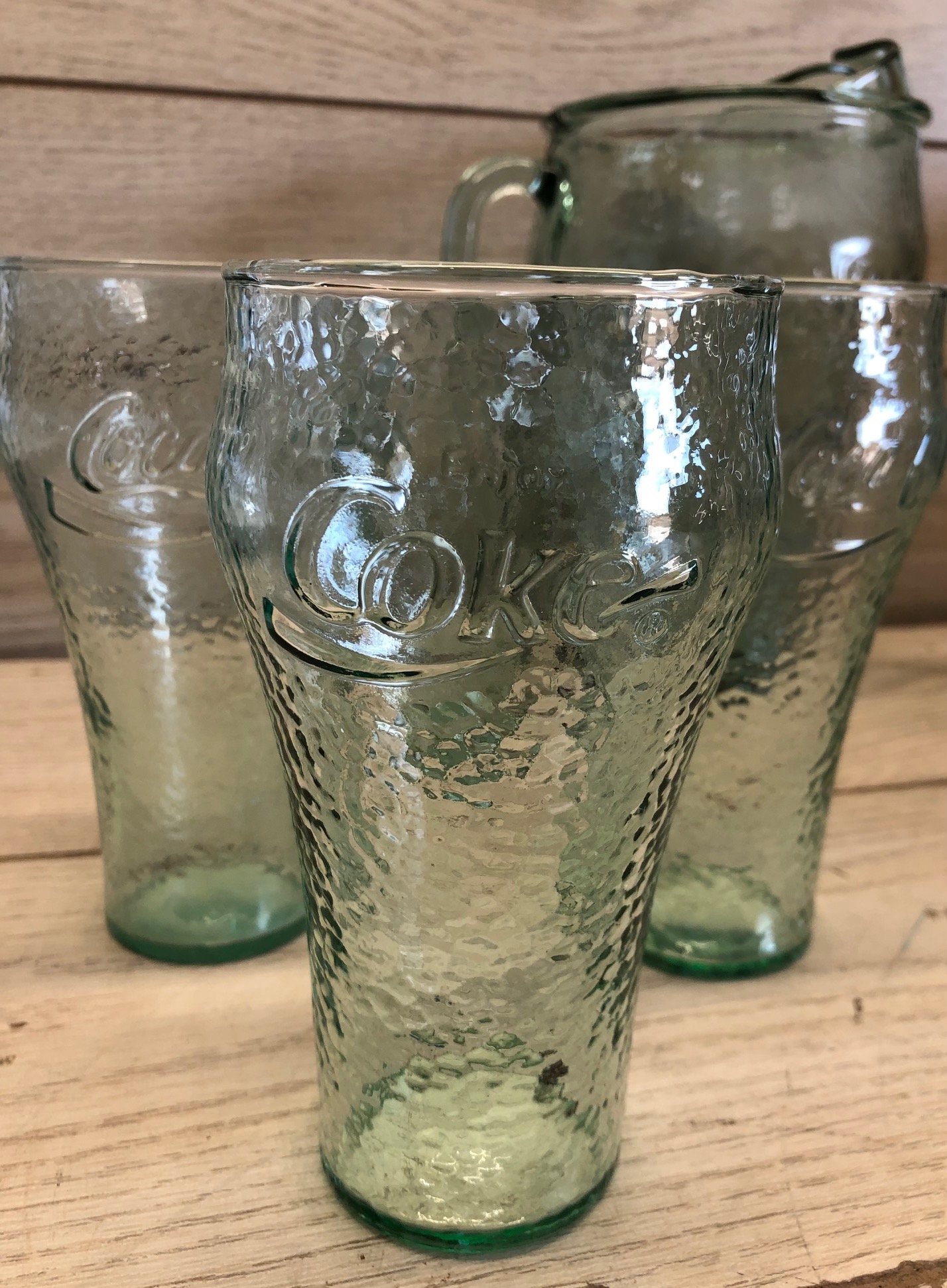 Vintage Lot of Coca Cola Green Pebble Glassware 1 Pitcher 8 Tumblers ...