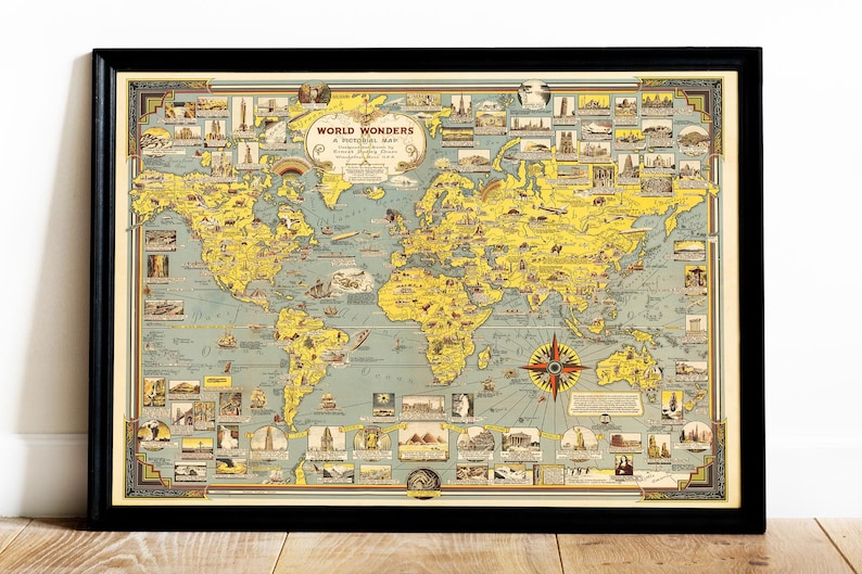 World Map Wonders of the World Pictorial Map of the World - Etsy UK