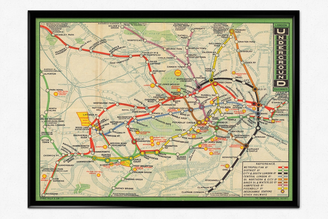 Vintage Map of London, London Underground Railways 1912 , London Print ...