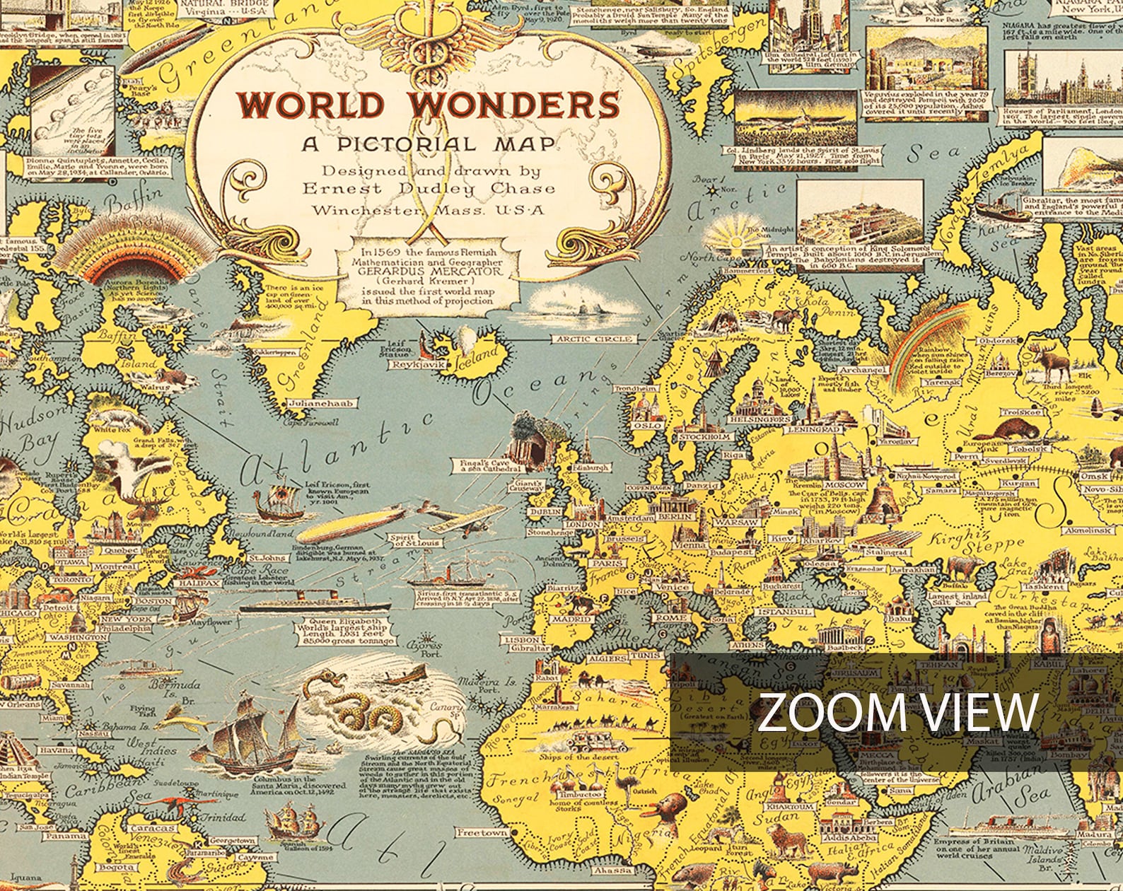 Wereldkaart, wereldwonderen, picturale kaart van de wereld, monumenten ...
