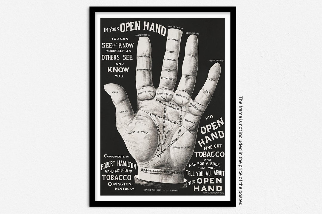Palm Reading, Open Hand Poster, Vintage Black and White Hand ...