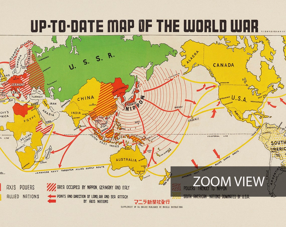 World War Map, up to Date Map of the World War (1942), Manila Shinbun ...