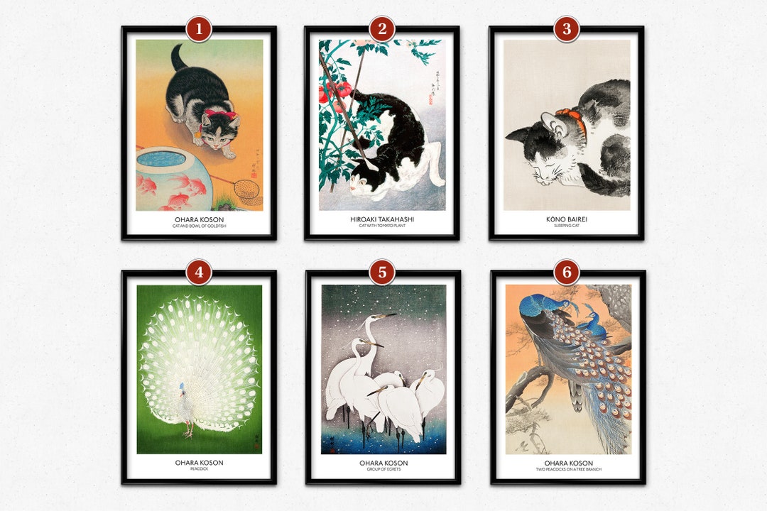 Japanese Prints Cat and Bird Posters, Oriental Animal Poster Set ...