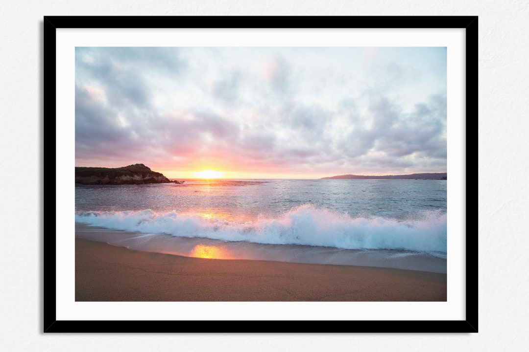 Beach Sunset Poster, Coastal Landscape With Ocean and Waves, Pacific ...