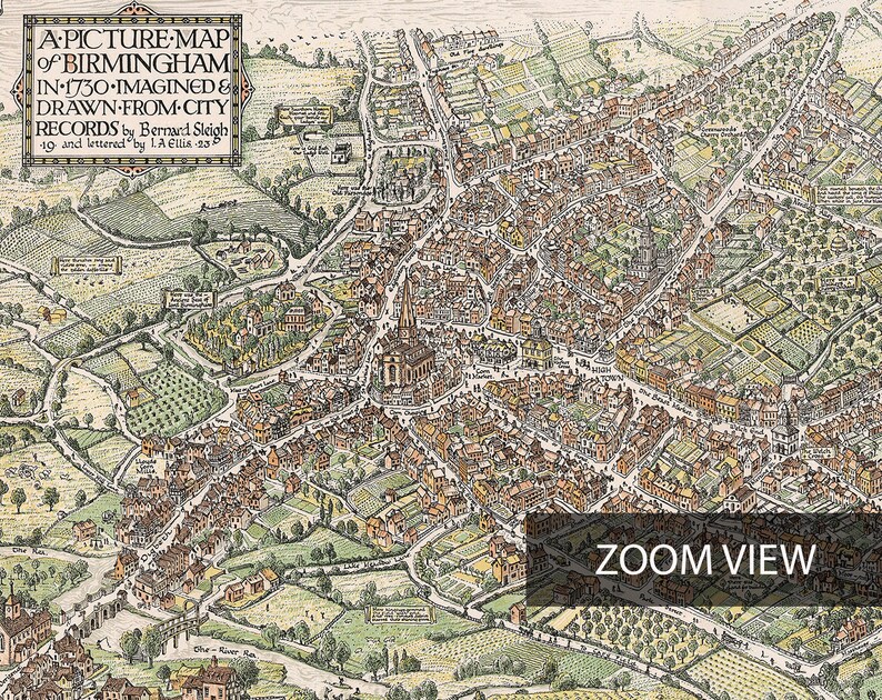 Vintage Map of Birmingham, Pictorial Panoramic Map of the City of ...