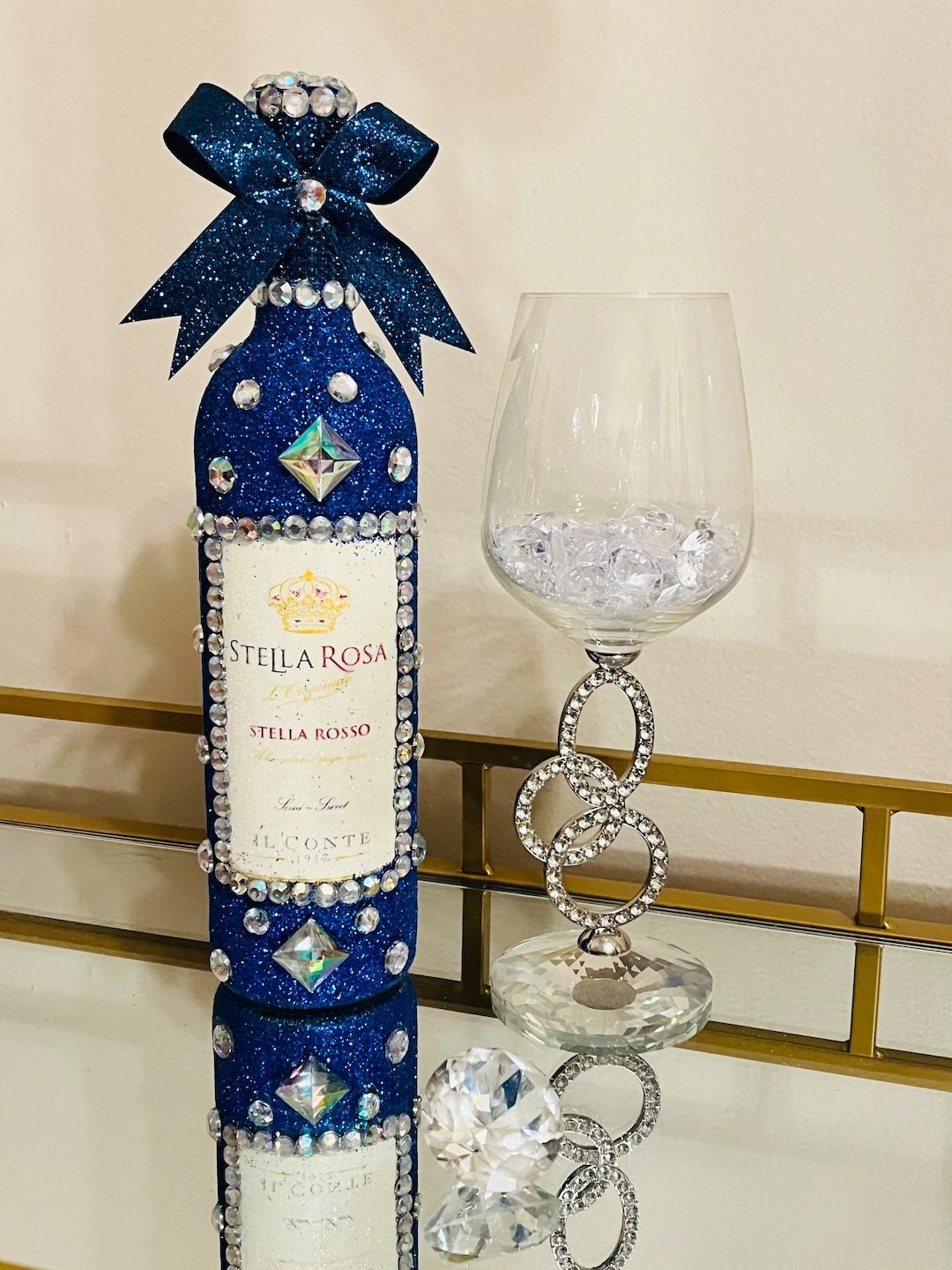 Royal Blue Diamond Crystal Glass Set Diamond Wine Glass Bedazzled Glitter Wine Bottle Mothers