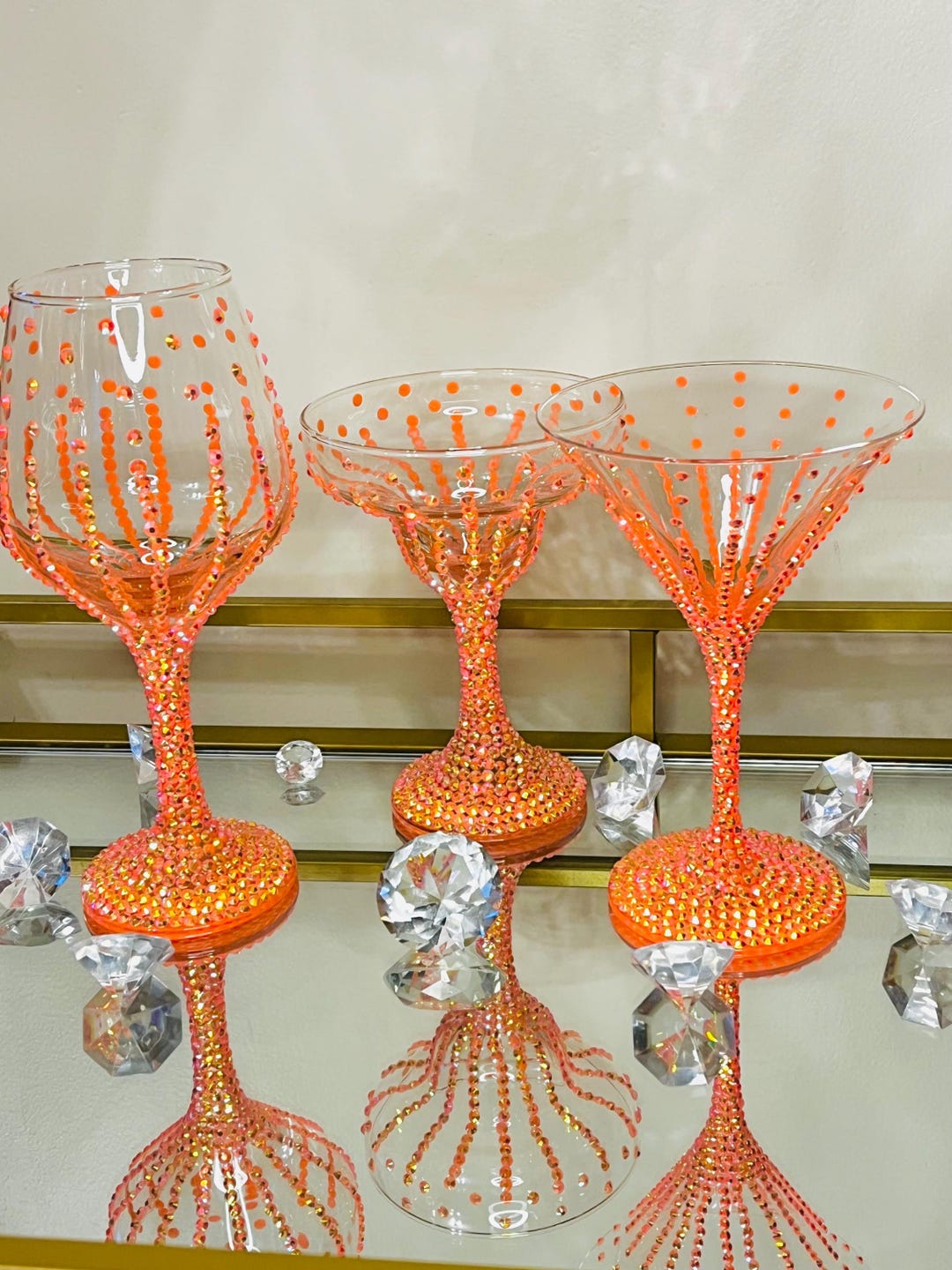 Iridescent Orange Diamond Glassware - Bling Wine Glasses - Rhinestone ...