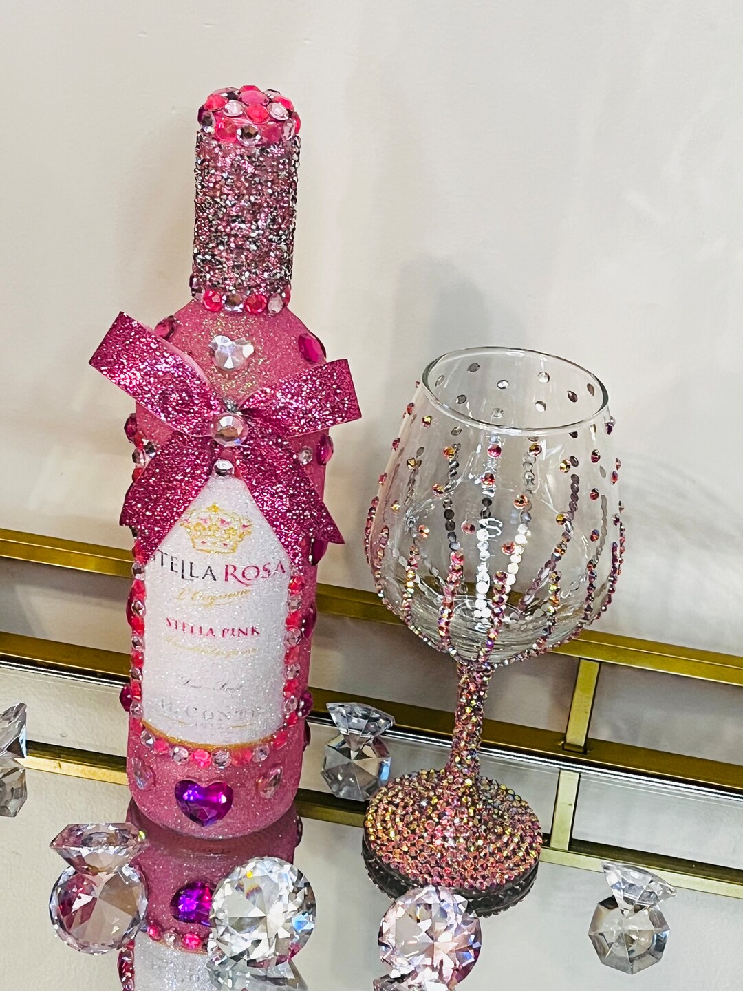Pink Heart Crushed Diamond Set - Party Decor - Glitter Wine Bottle ...
