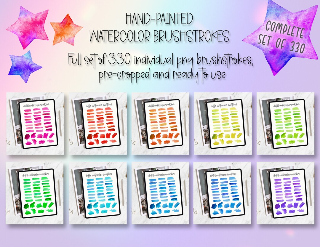 FULL SET - 330 Rainbow Digital Real Watercolor Brushstroke Bundle for ...