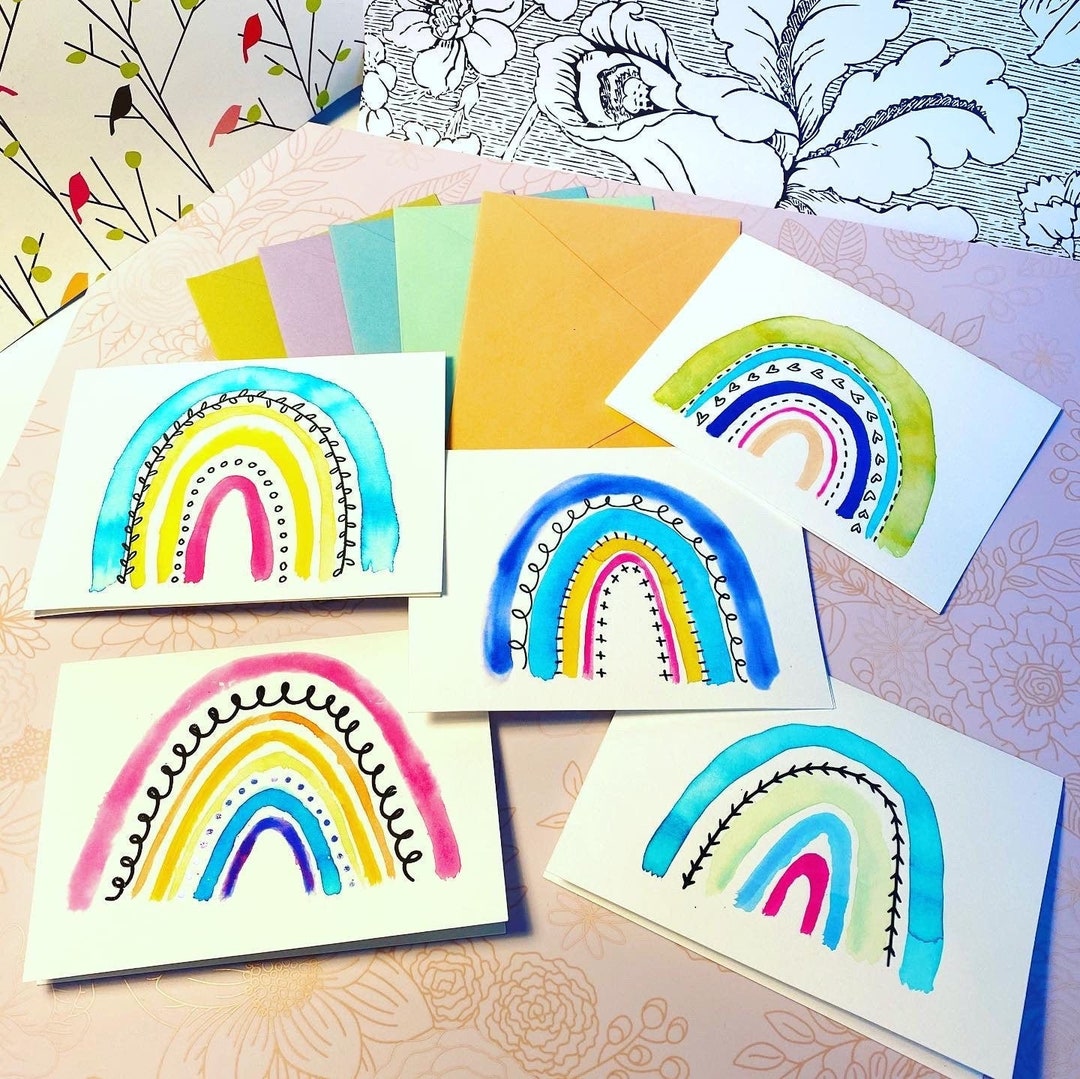 Assorted Hand-painted Watercolor Rainbow Greeting Cards, Unique Blank ...