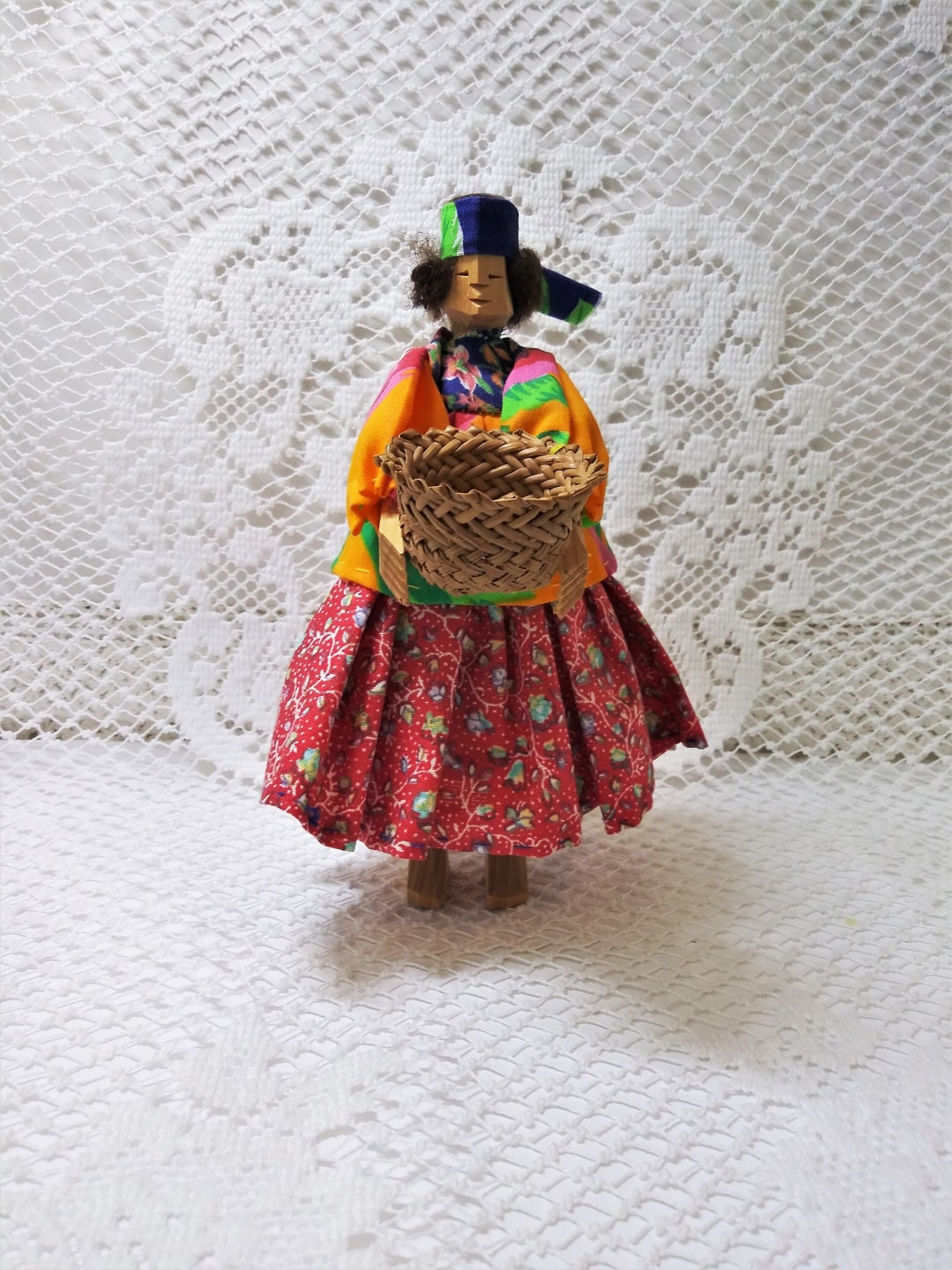 South American Folk Doll Hand Carved Wood Hand Sewn Natural Fiber ...