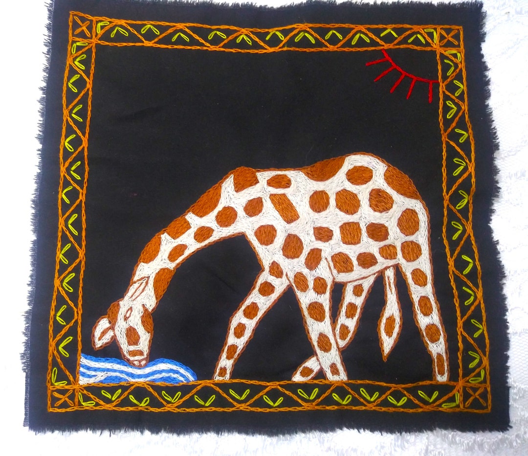 Handmade Embroidered Square Giraffe Drinking Water One of a Kind ...