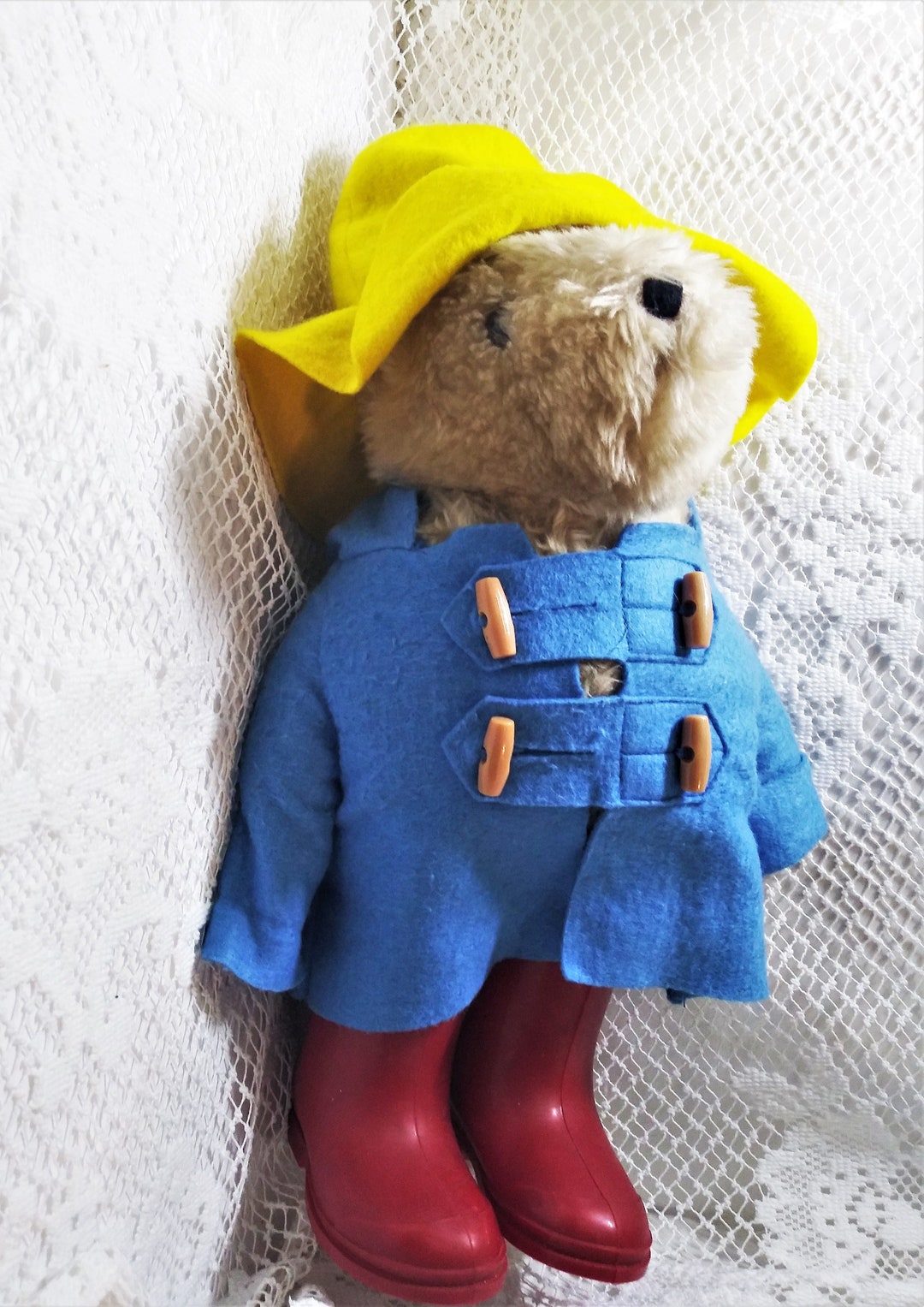 Vintage Eden Toys Paddington Bear Blue Felt, Four Button Coat Yellow Felt Hat Red Rubber Boots ...