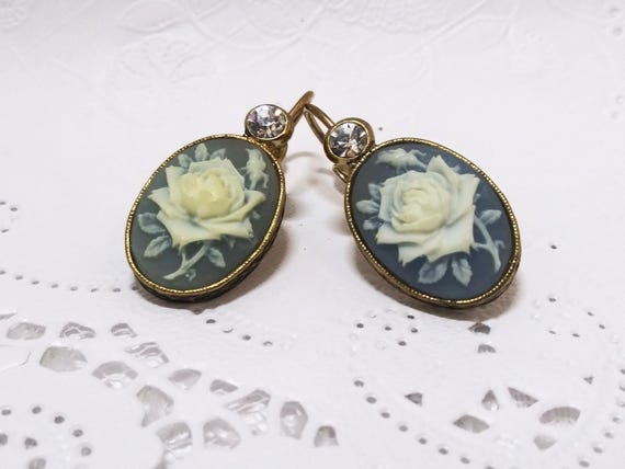 Avon White Rose & Pastel Blue Cameo Set ~ Dual Loop O… - Gem
