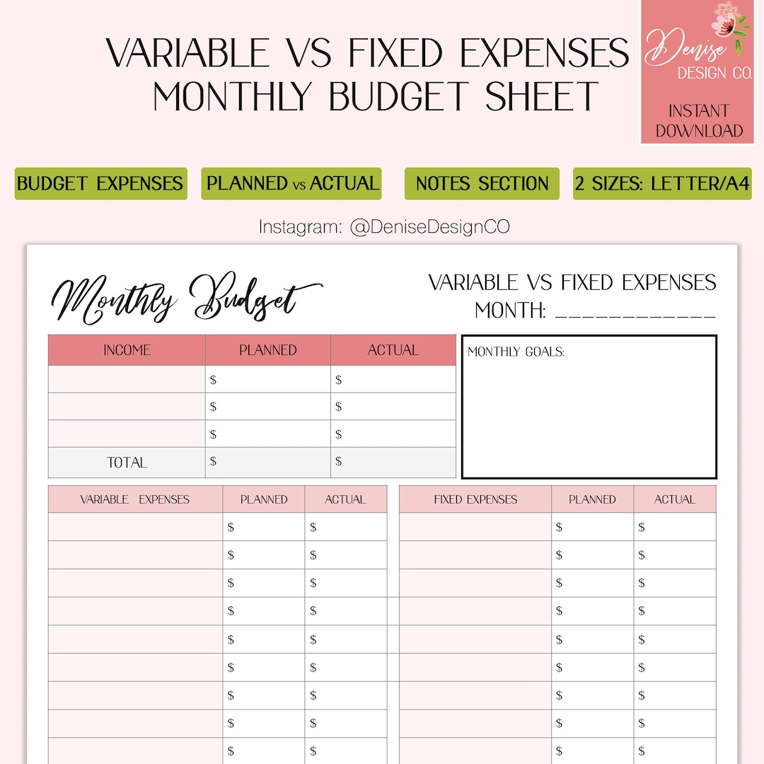 All-in-one Printable Monthly Budget Sheet: Income, Variable Vs Fixed ...