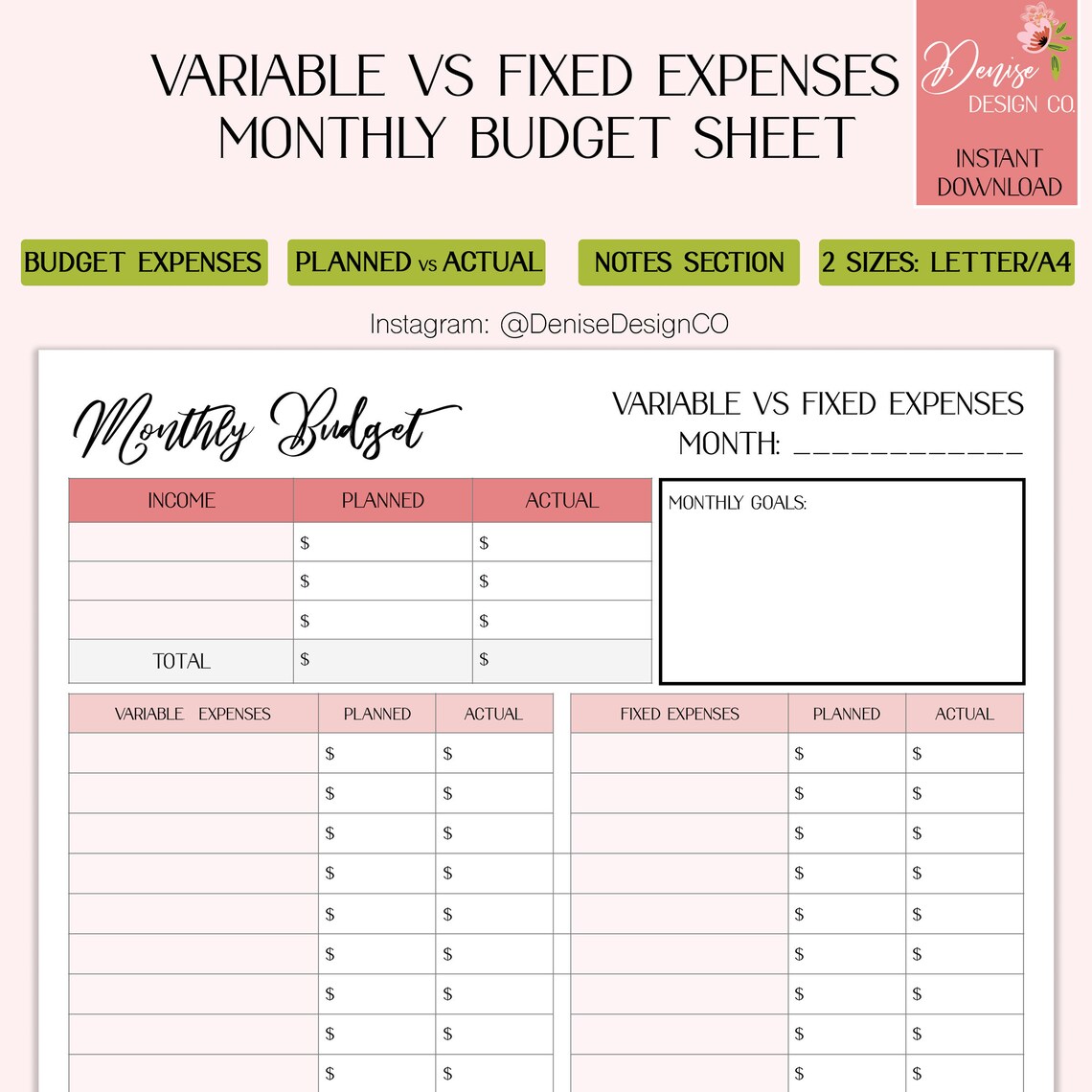 All-in-one Printable Monthly Budget Sheet: Income, Variable Vs Fixed ...