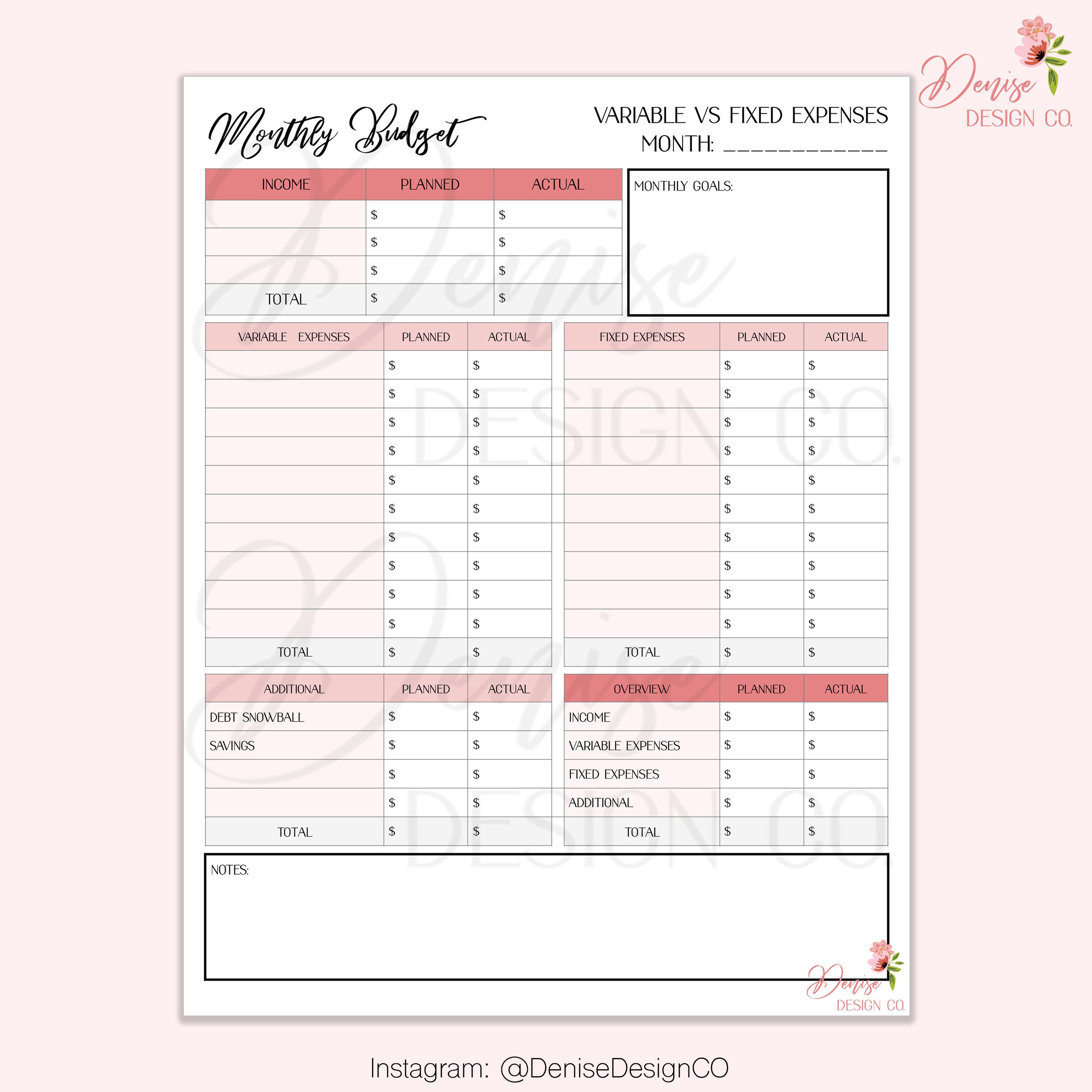 All-in-one Printable Monthly Budget Sheet: Income, Variable Vs Fixed ...