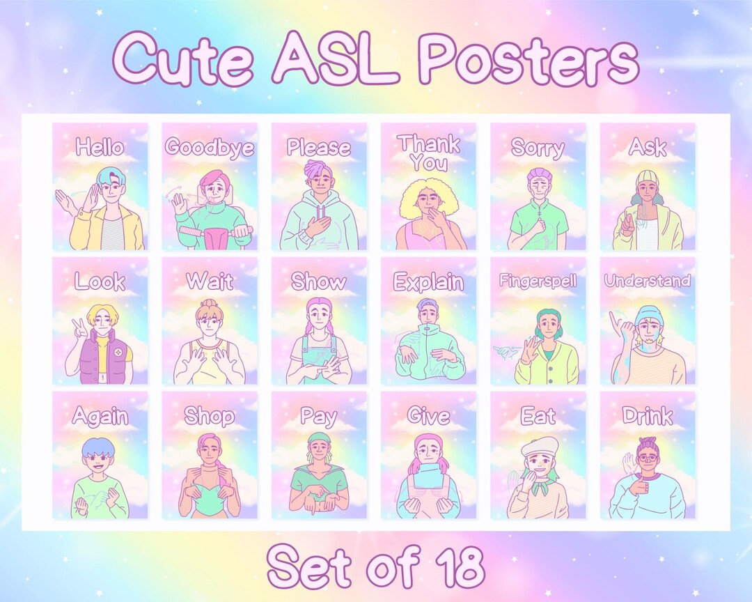 Cute Pastel Rainbow ASL Posters - Set of 18 - Etsy