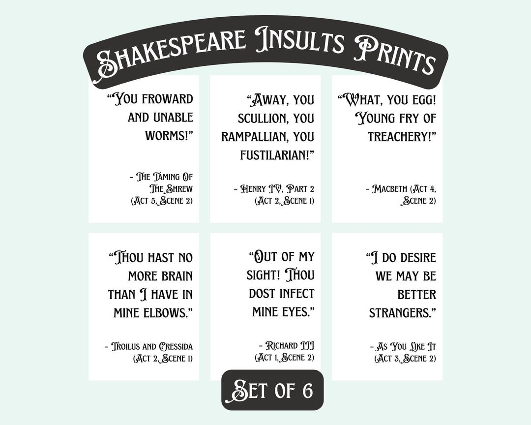 Black & White Shakespeare Insults Digital Prints, Set of 6 - Etsy
