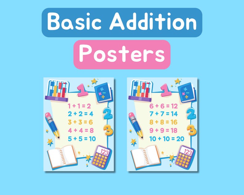 Preschool/kindergarten Basic Addition Printable Math Posters, Digital ...
