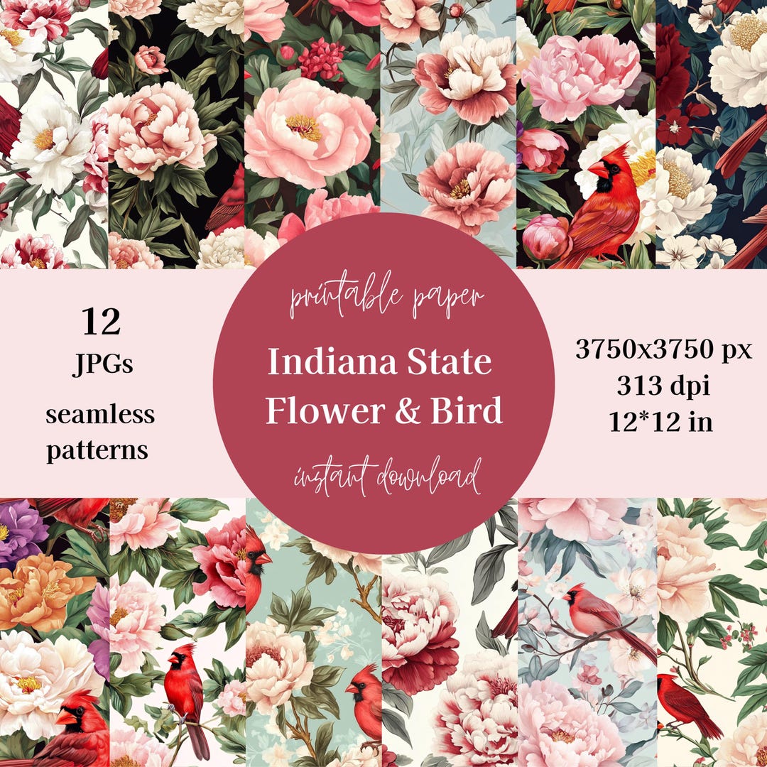 Indiana State Bird & Flower Paper, Floral Scrapbook Paper, Digital ...