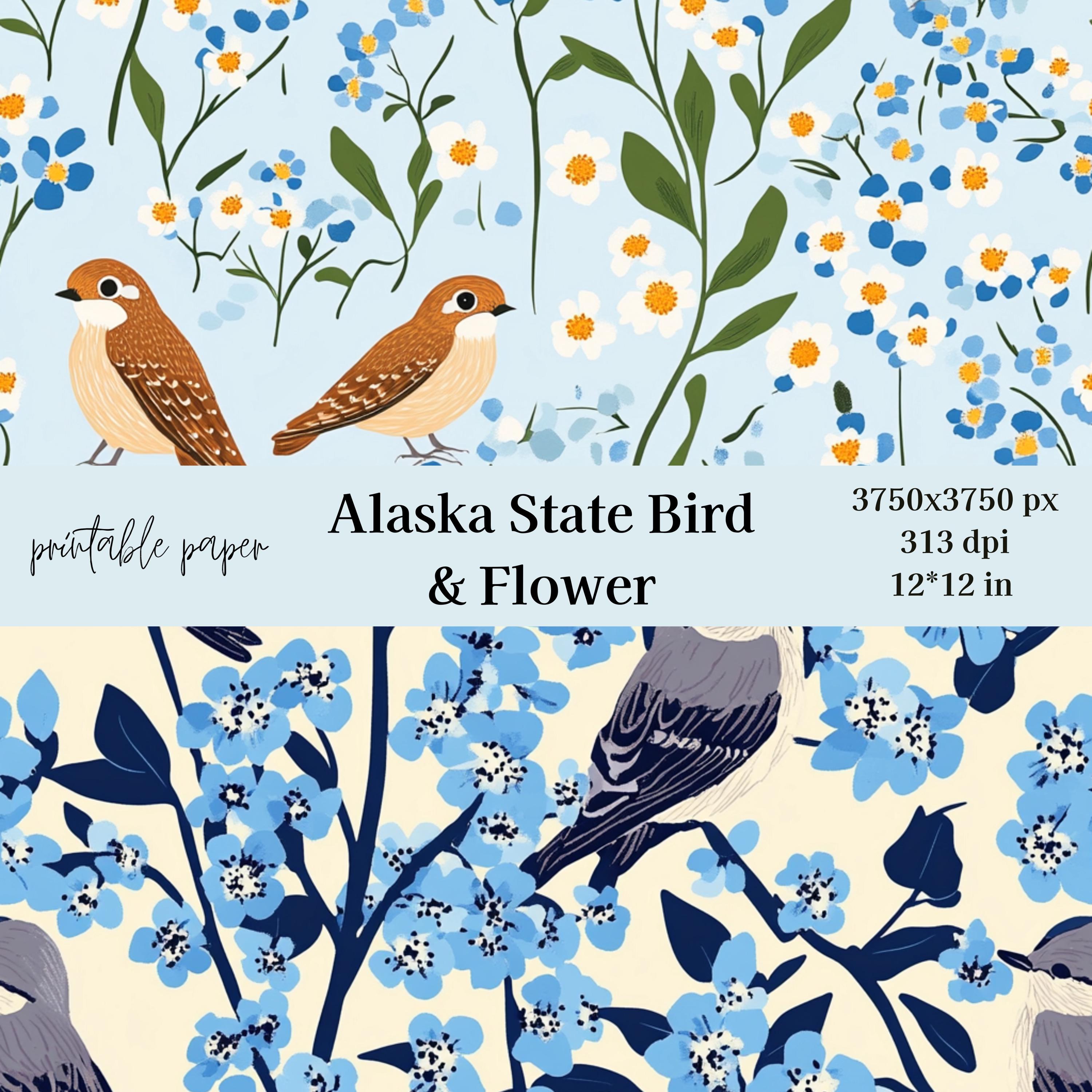 Alaska State Bird & Flower Paper, Floral Scrapbook Paper, Digital Paper ...