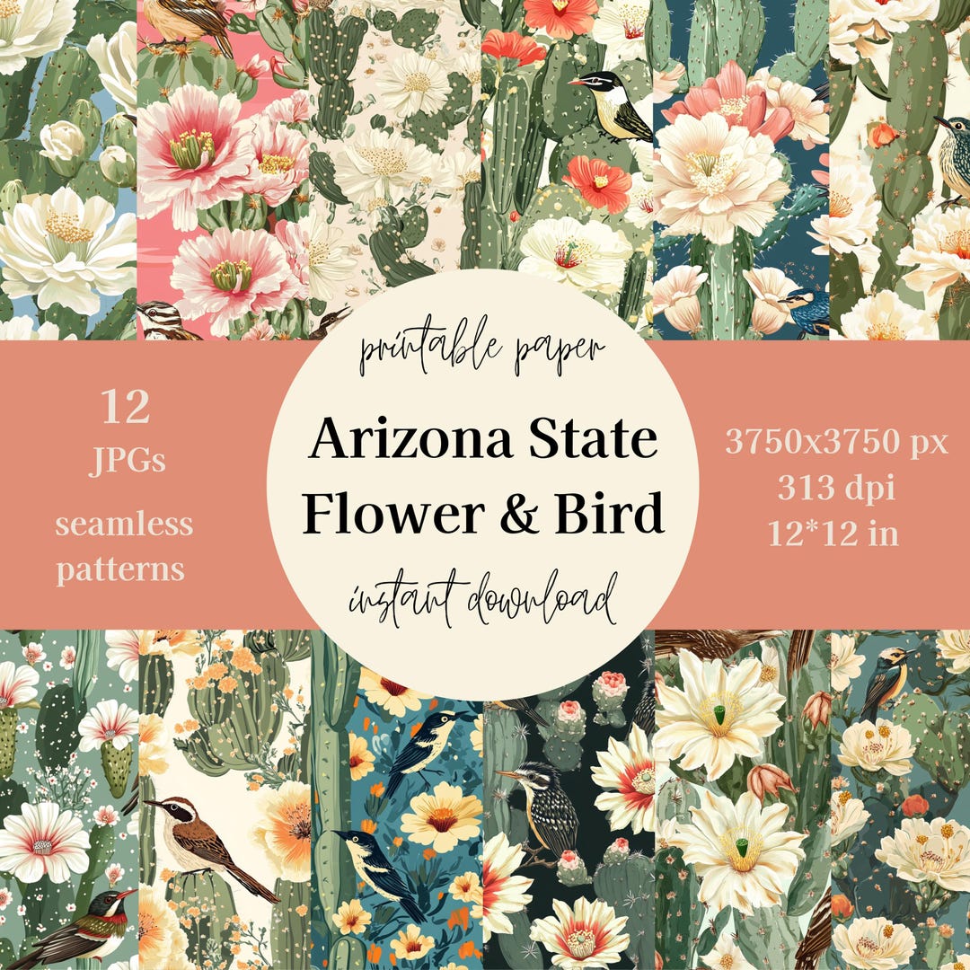 Arizona State Bird & Flower Paper, Floral Scrapbook Paper, Digital ...