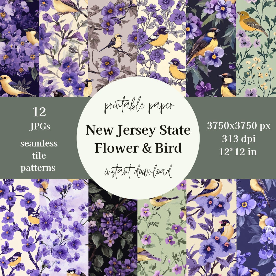 New Jersey State Bird & Flower Paper, Floral Scrapbook Paper, Digital ...