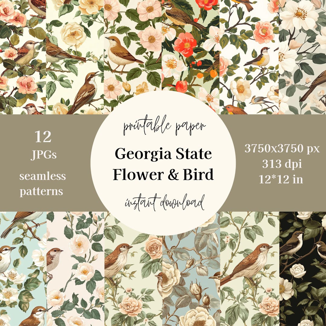 Georgia State Bird & Flower Paper, Floral Scrapbook Paper, Digital ...